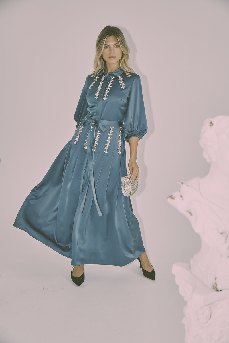 Ray Embellished Satin Maxi Dress – Noir Noir Fashion